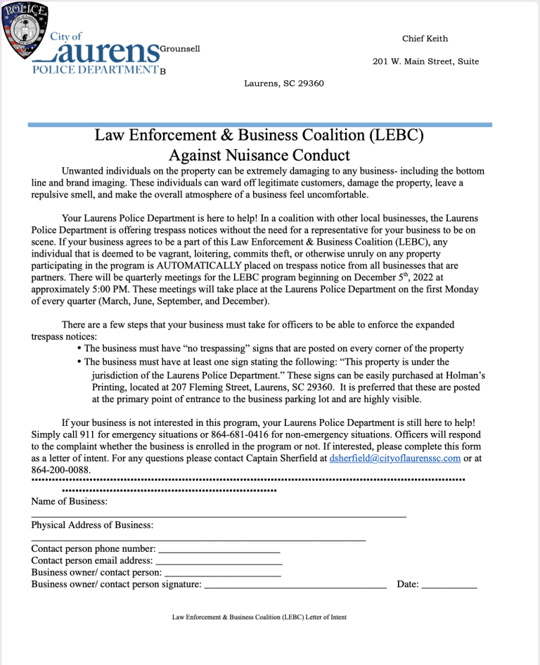 Laurens Police Department Launches Coalition of Local Businesses to ...