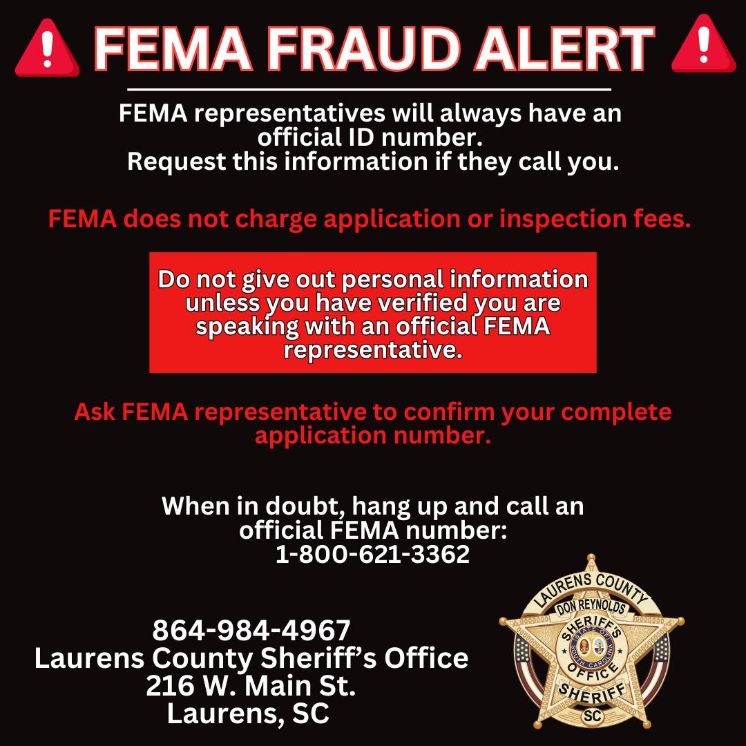Laurens County Sheriff's Office Issues FEMA Fraud Alert: Residents ...